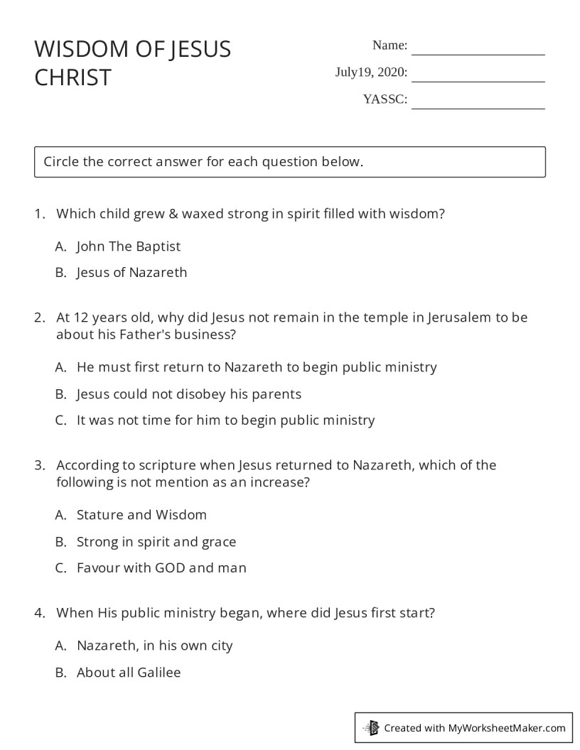 WISDOM OF JESUS CHRIST - My Worksheet Maker: Create Your Own Worksheets