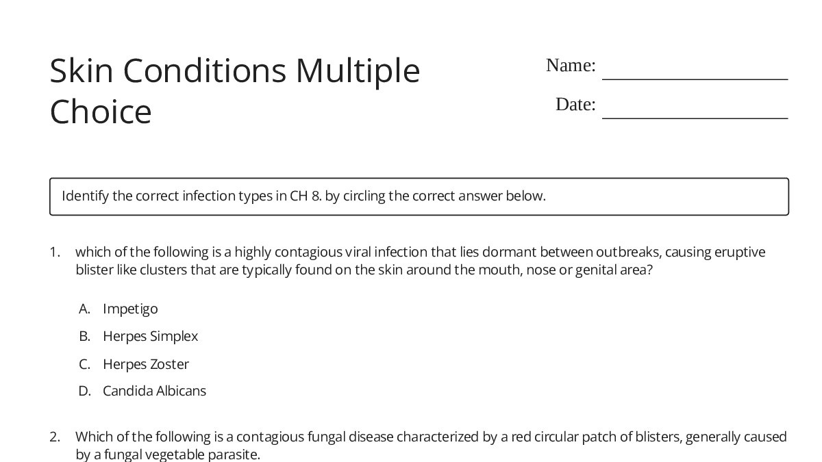 Skin Conditions Multiple Choice - My Worksheet Maker: Create Your Own ...