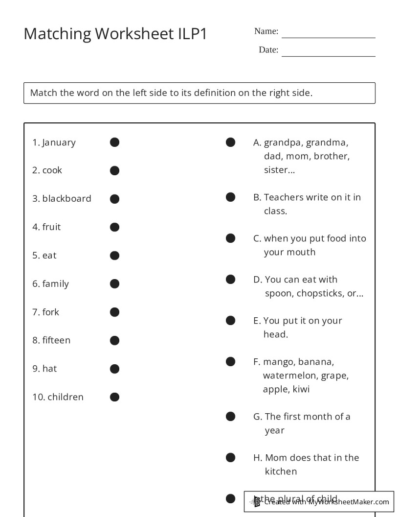 Matching Worksheet ILP1 - My Worksheet Maker: Create Your Own Worksheets