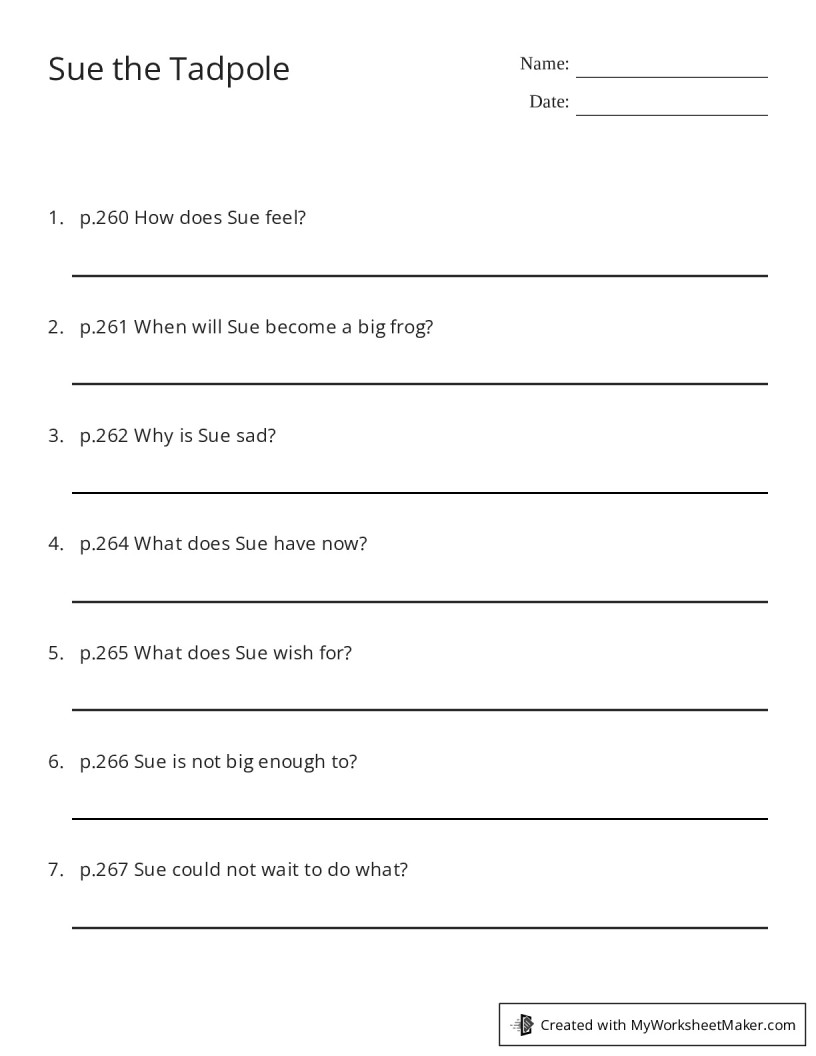 Sue the Tadpole - My Worksheet Maker: Create Your Own Worksheets