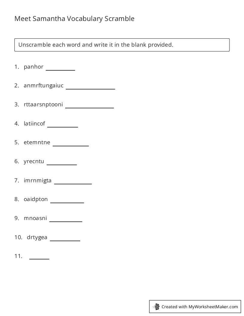 Meet Samantha Vocabulary Scramble - My Worksheet Maker: Create Your Own ...