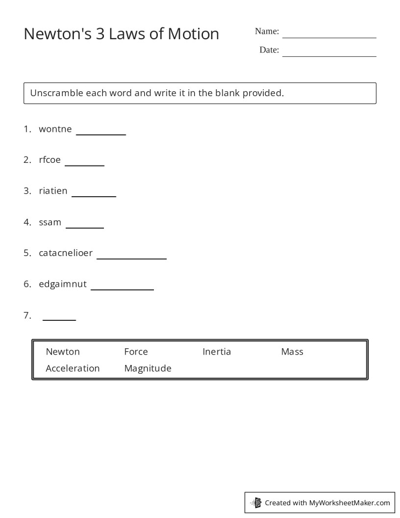 Newton's 3 Laws of Motion - My Worksheet Maker: Create Your Own Worksheets