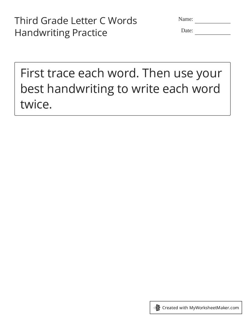 Third Grade Letter C Words Handwriting Practice - My Worksheet Maker ...