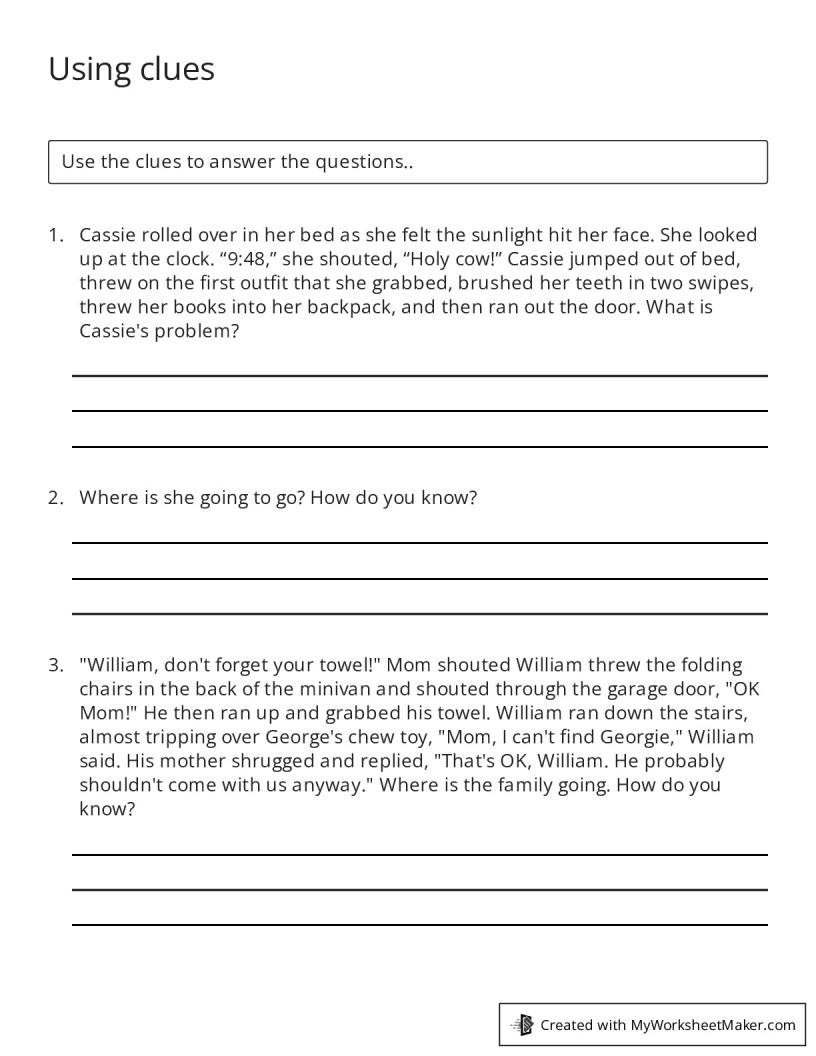 Using clues - My Worksheet Maker: Create Your Own Worksheets
