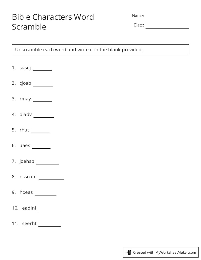 Bible Characters Word Scramble - My Worksheet Maker: Create Your Own ...