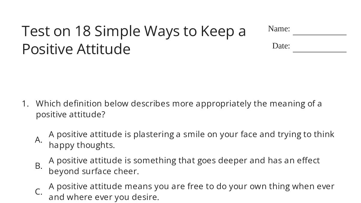 Test on 18 Simple Ways to Keep a Positive Attitude - My Worksheet Maker ...