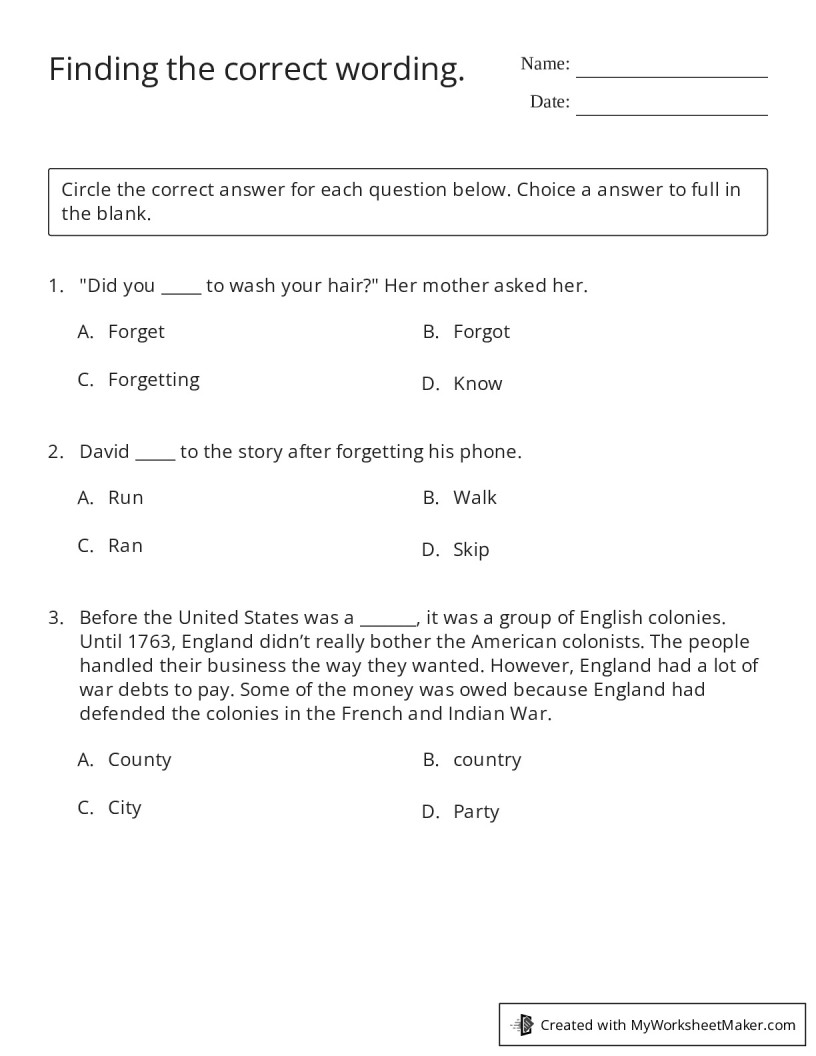 Finding the correct wording. - My Worksheet Maker: Create Your Own ...