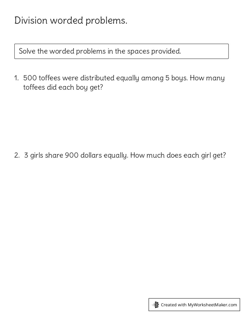 Division worded problems. - My Worksheet Maker: Create Your Own Worksheets