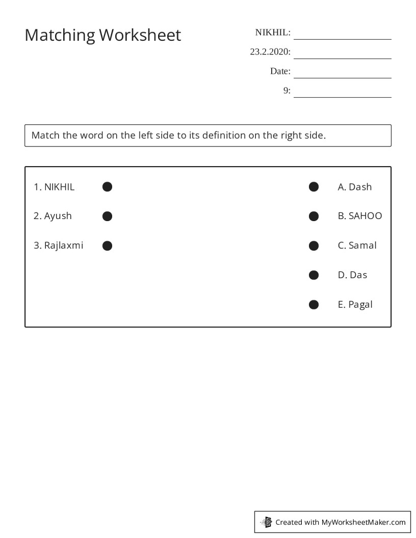 Matching Worksheet - My Worksheet Maker: Create Your Own Worksheets