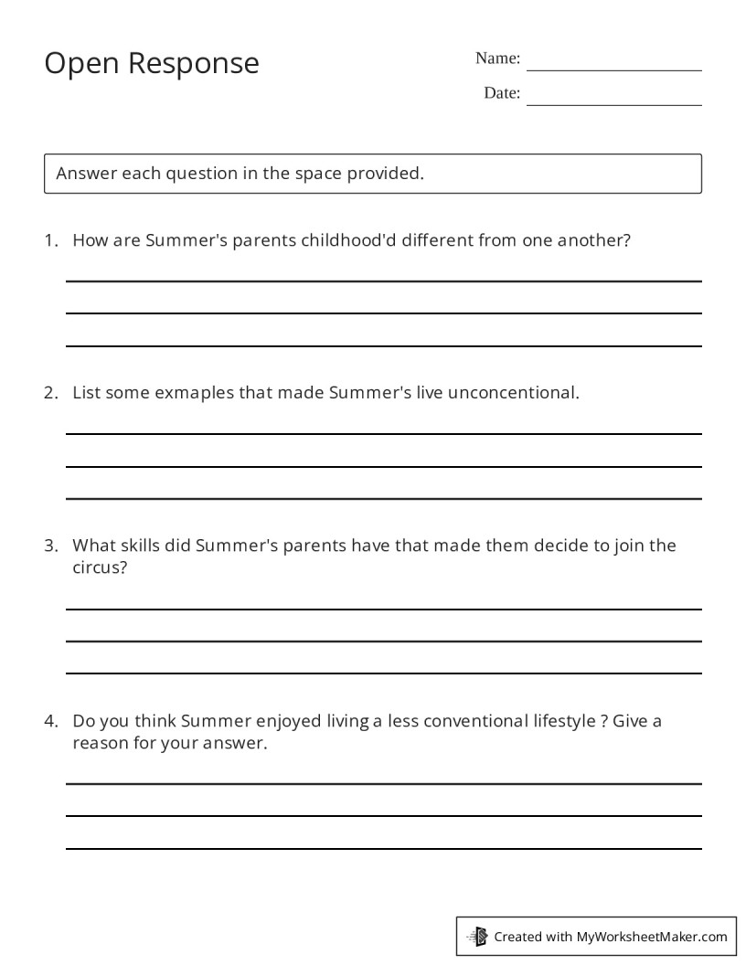Open Response - My Worksheet Maker: Create Your Own Worksheets