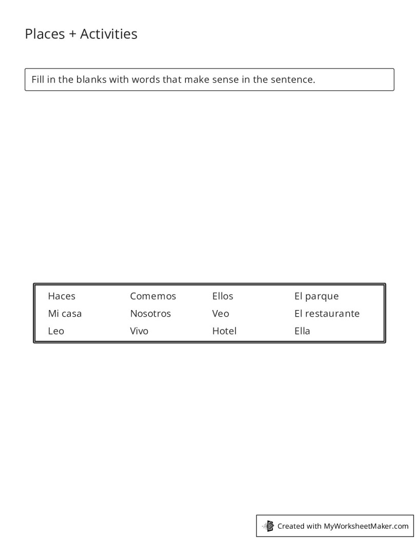 Places + Activities - My Worksheet Maker: Create Your Own Worksheets