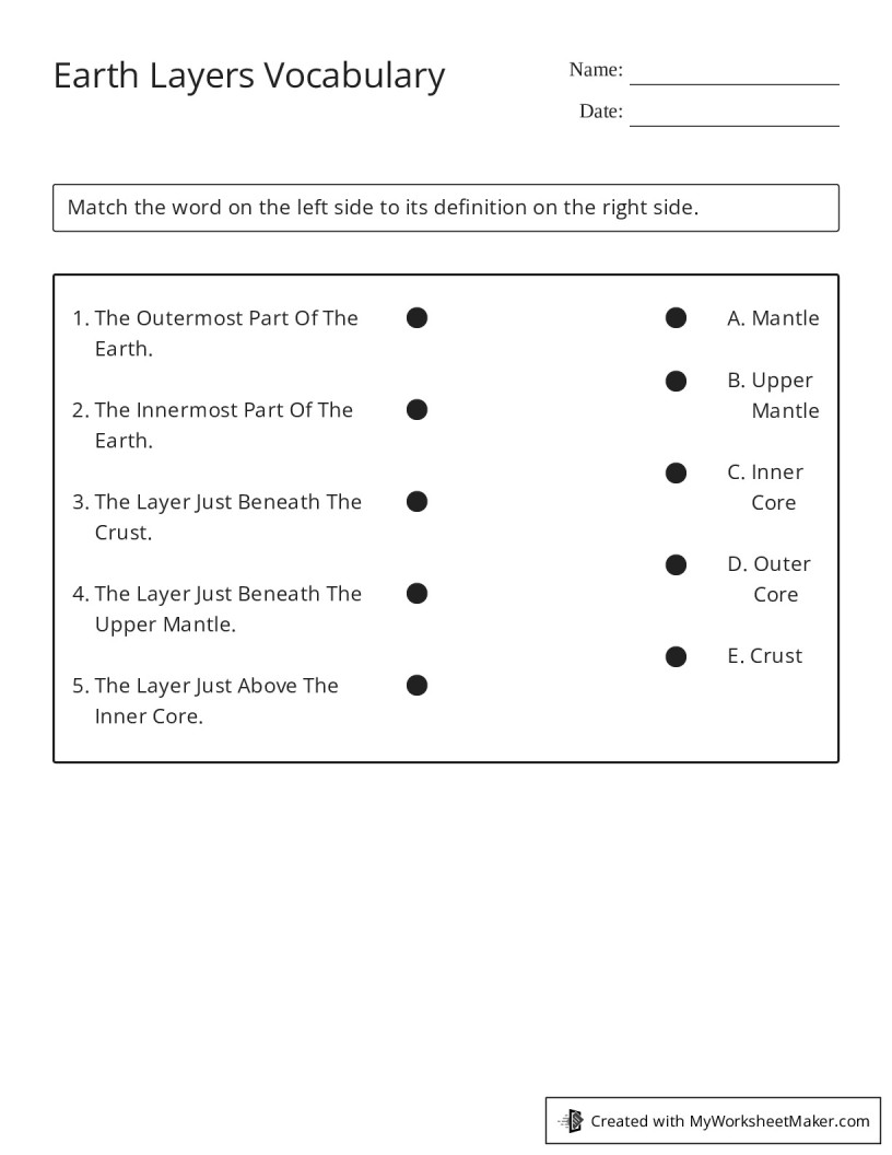 Earth Layers Vocabulary - My Worksheet Maker: Create Your Own Worksheets