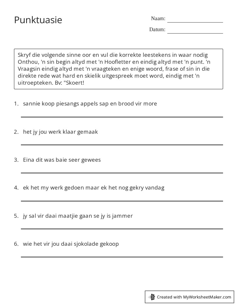 Punktuasie - My Worksheet Maker: Create Your Own Worksheets
