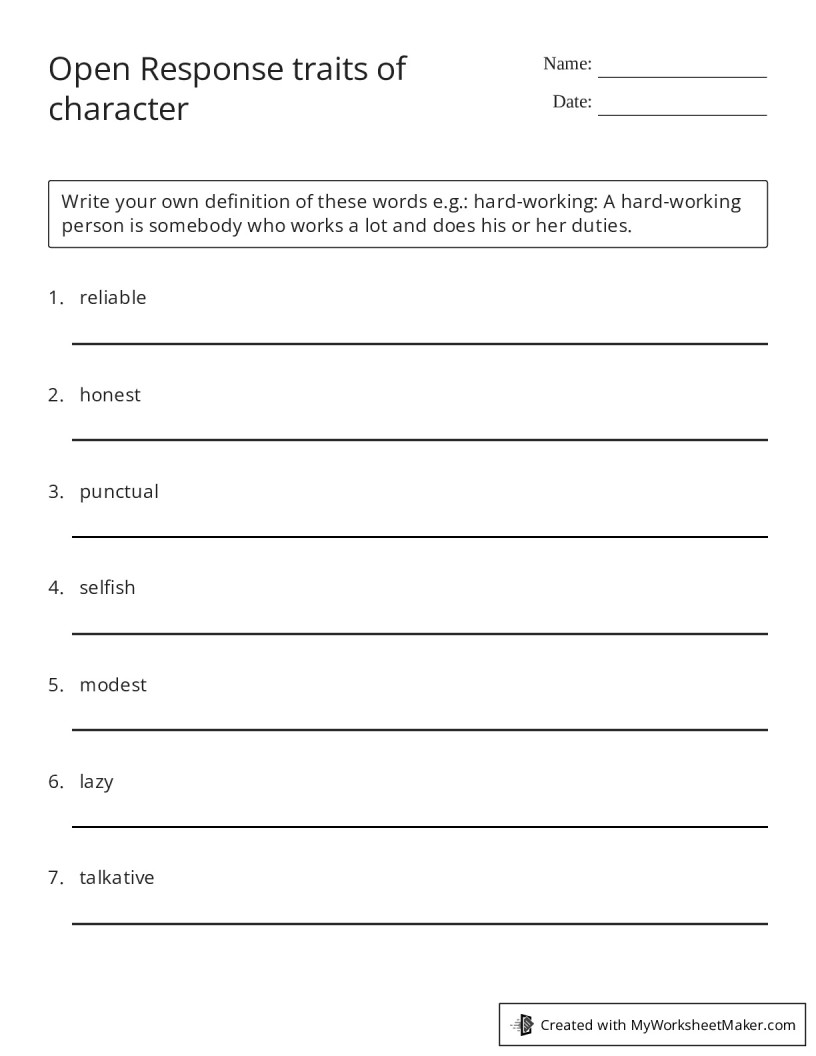 Open Response traits of character - My Worksheet Maker: Create Your Own ...