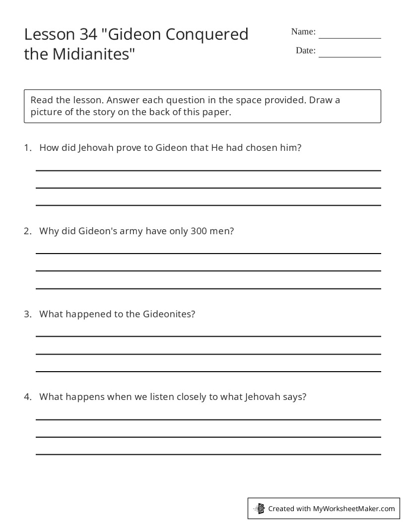 Lesson 34 "Gideon Conquered the Midianites" - My Worksheet Maker ...