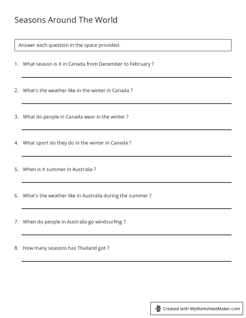 Seasons Around The World - My Worksheet Maker: Create Your Own Worksheets