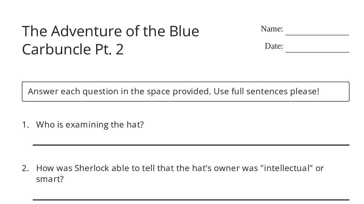 The Adventure of the Blue Carbuncle Pt. 2 - My Worksheet Maker: Create ...