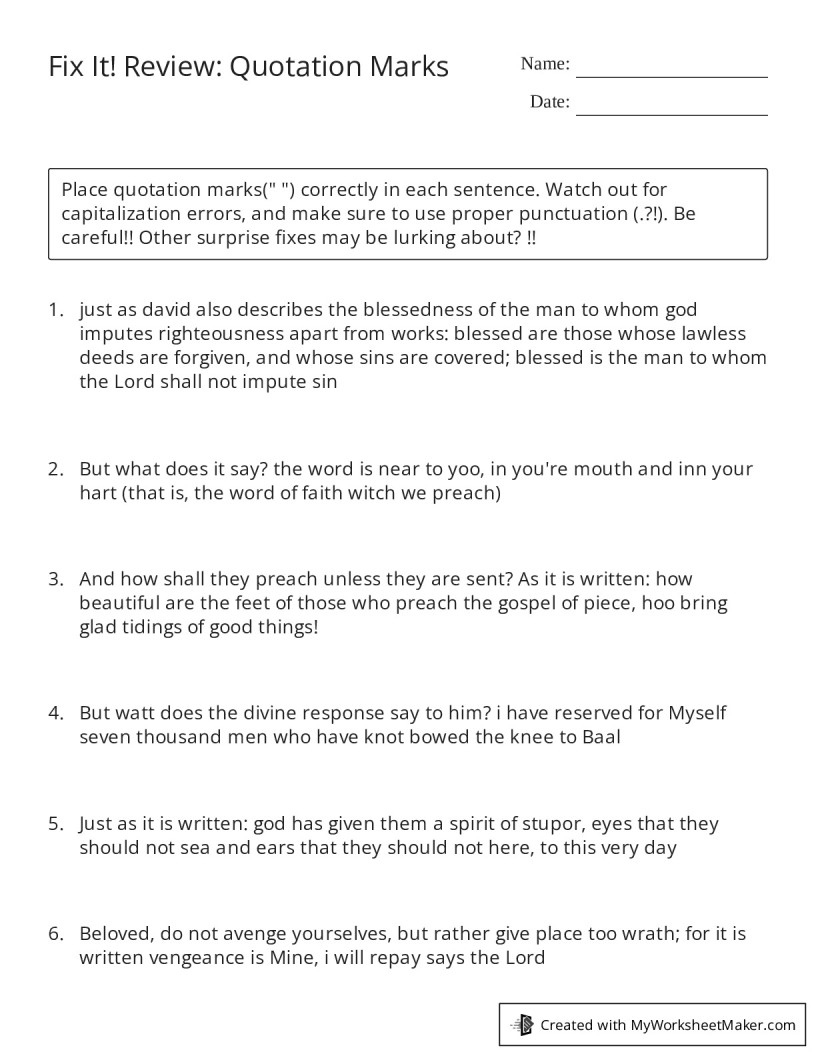 Fix It! Review: Quotation Marks - My Worksheet Maker: Create Your Own ...