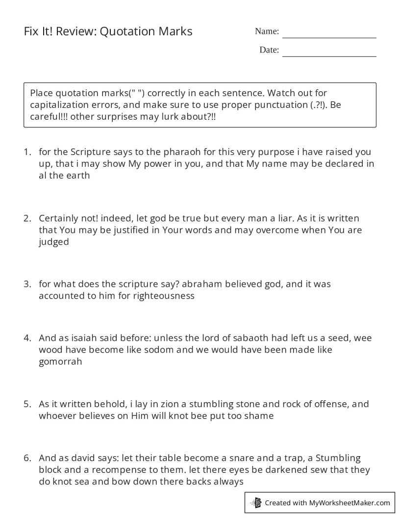 Fix It! Review: Quotation Marks - My Worksheet Maker: Create Your Own ...