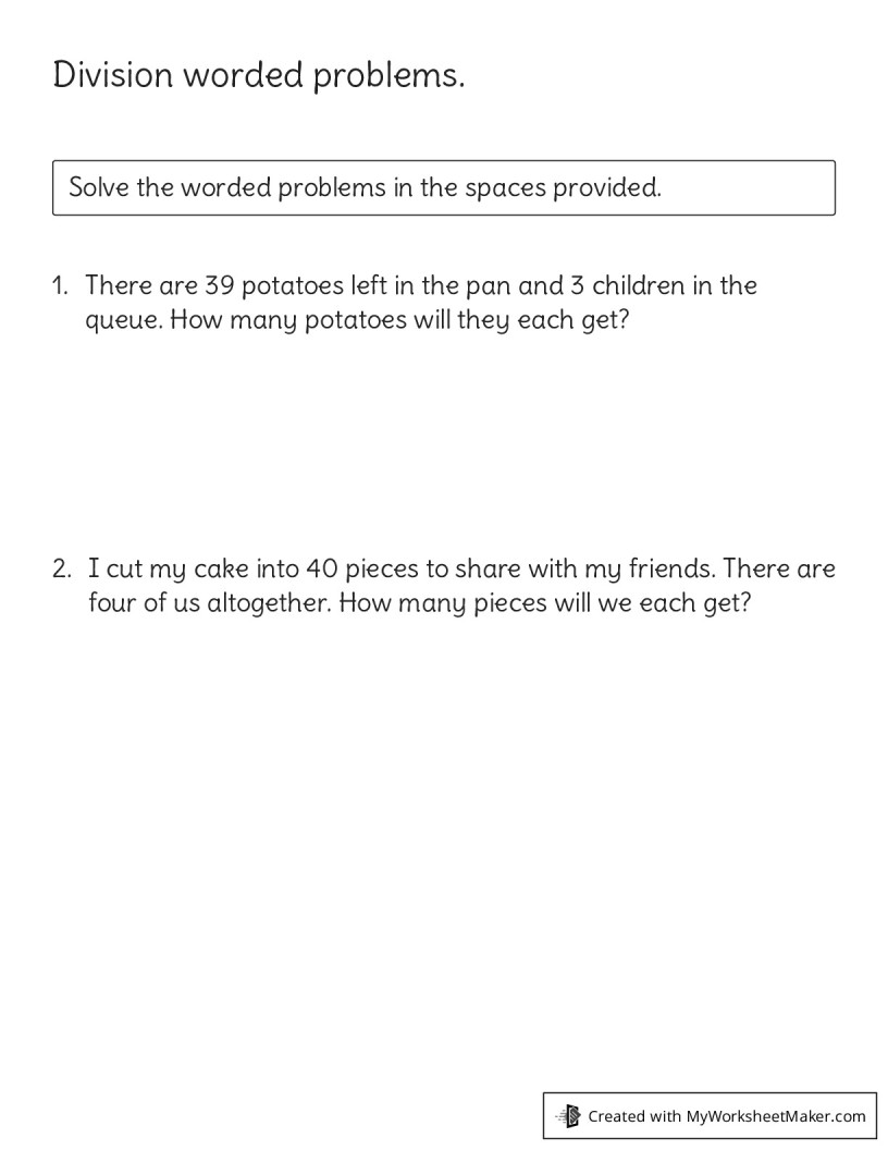 Division worded problems. - My Worksheet Maker: Create Your Own Worksheets