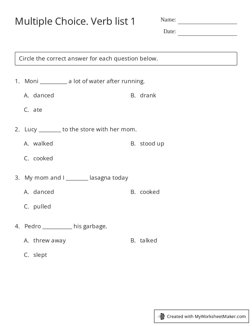 Multiple Choice. Verb list 1 - My Worksheet Maker: Create Your Own ...