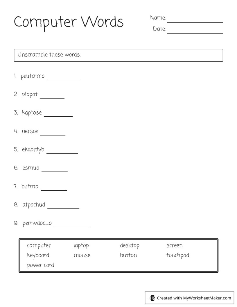 Computer Words - My Worksheet Maker: Create Your Own Worksheets
