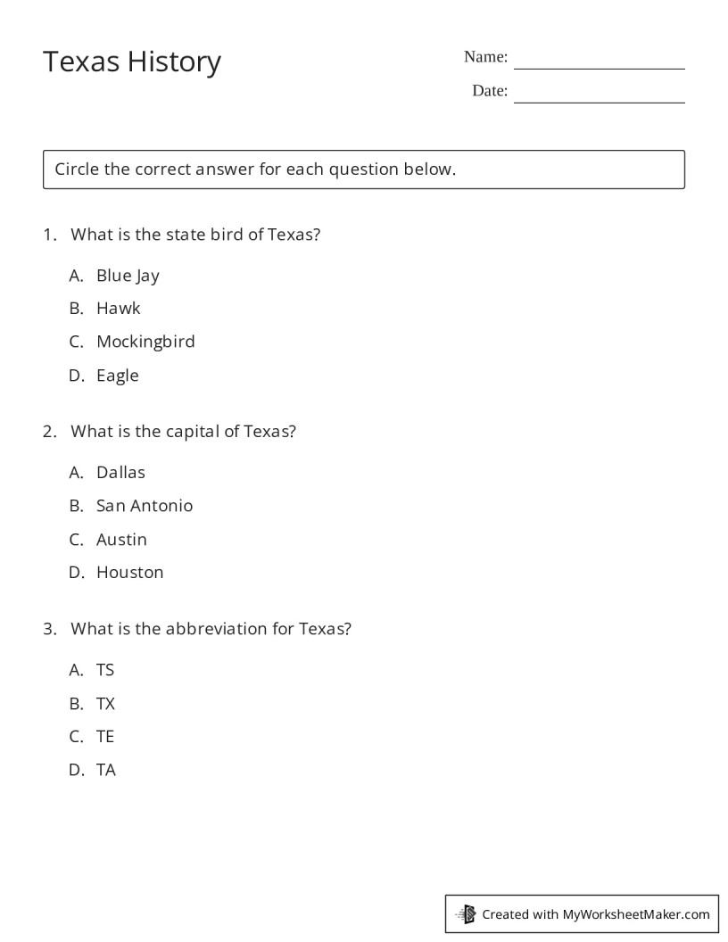 Texas History - My Worksheet Maker: Create Your Own Worksheets