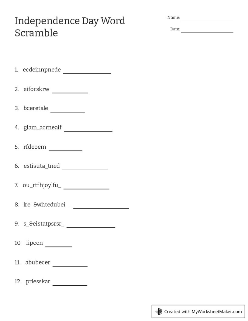 Independence Day Word Scramble - My Worksheet Maker: Create Your Own ...