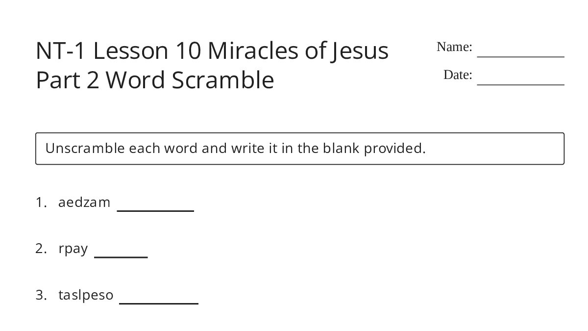 NT-1 Lesson 10 Miracles of Jesus Part 2 Word Scramble - My Worksheet ...