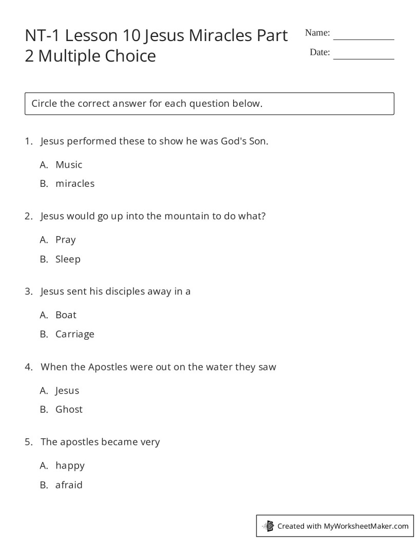 NT-1 Lesson 10 Jesus Miracles Part 2 Multiple Choice - My Worksheet ...