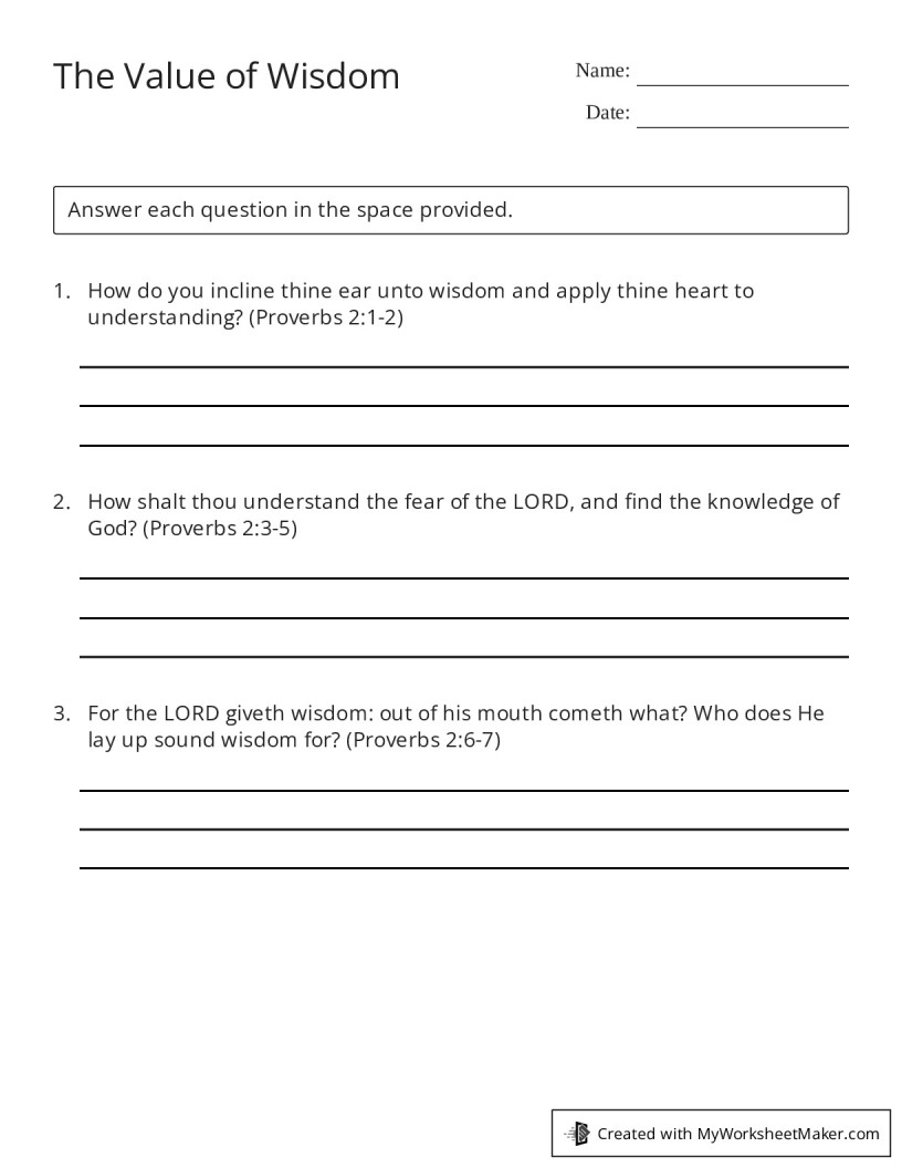 The Value of Wisdom - My Worksheet Maker: Create Your Own Worksheets