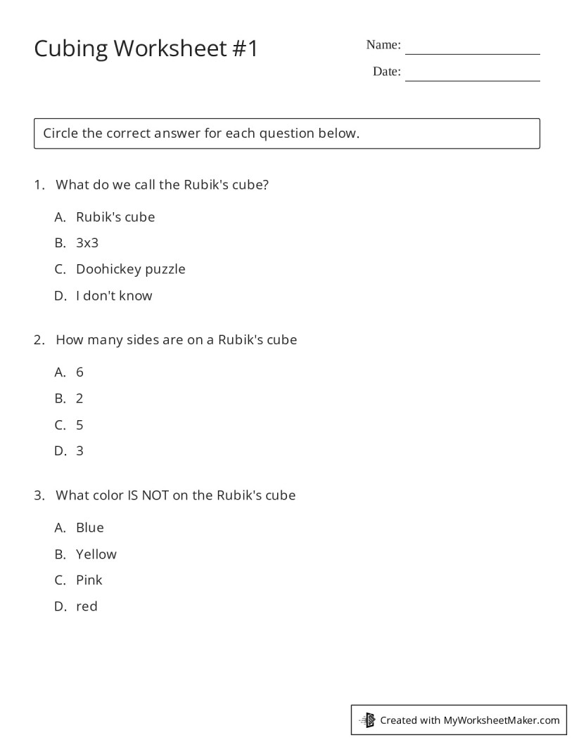 Cubing Worksheet #1 - My Worksheet Maker: Create Your Own Worksheets