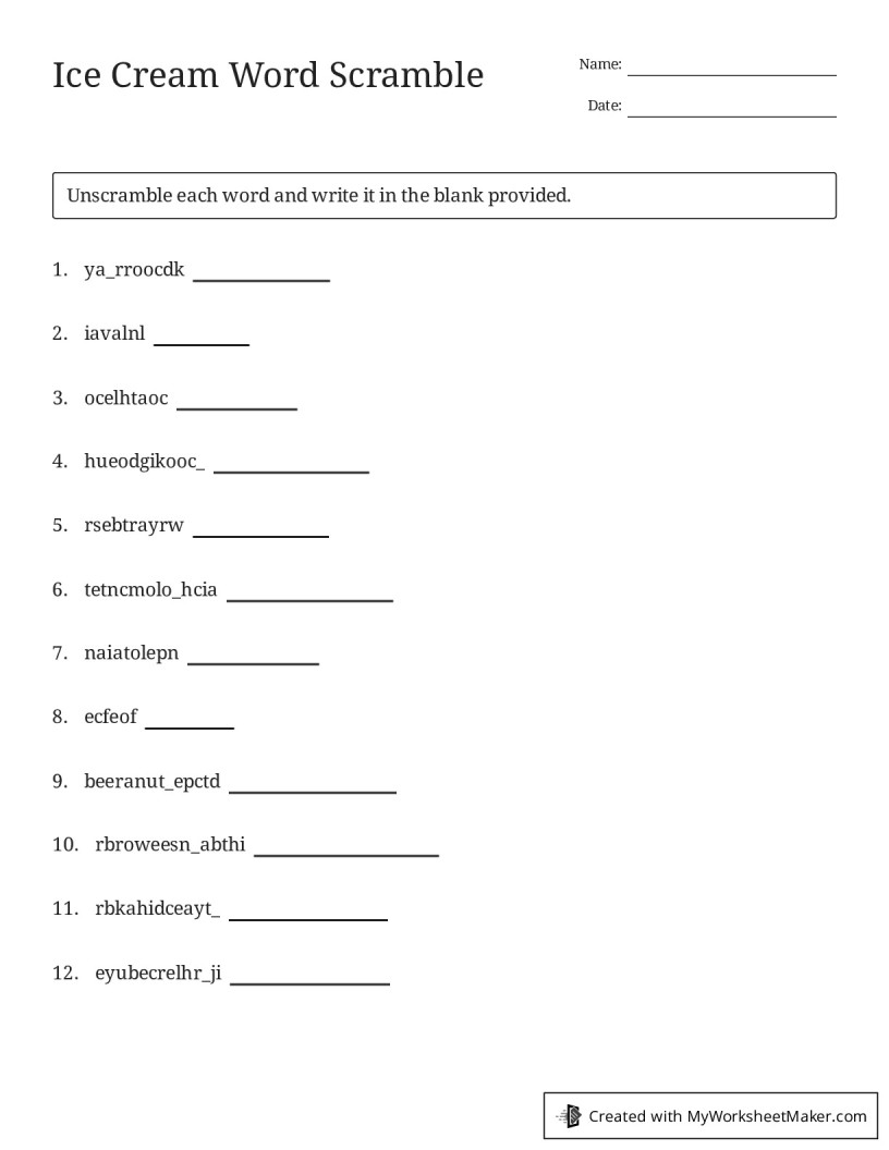 Ice Cream Word Scramble - My Worksheet Maker: Create Your Own Worksheets