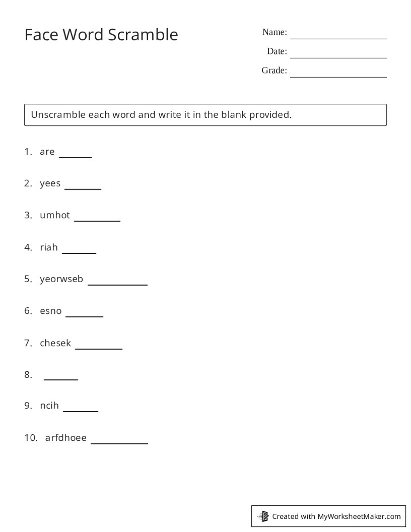 Face Word Scramble - My Worksheet Maker: Create Your Own Worksheets