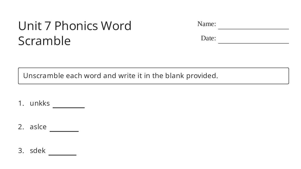 Unit 7 Phonics Word Scramble - My Worksheet Maker: Create Your Own ...
