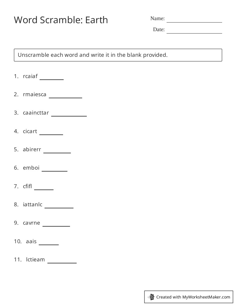 Word Scramble: Earth - My Worksheet Maker: Create Your Own Worksheets