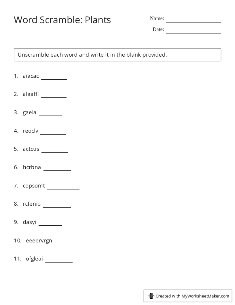 Word Scramble: Plants - My Worksheet Maker: Create Your Own Worksheets