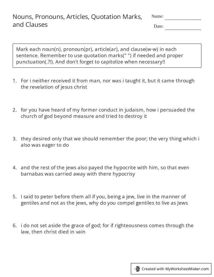 Nouns, Pronouns, Articles, Quotation Marks, and Clauses - My Worksheet ...
