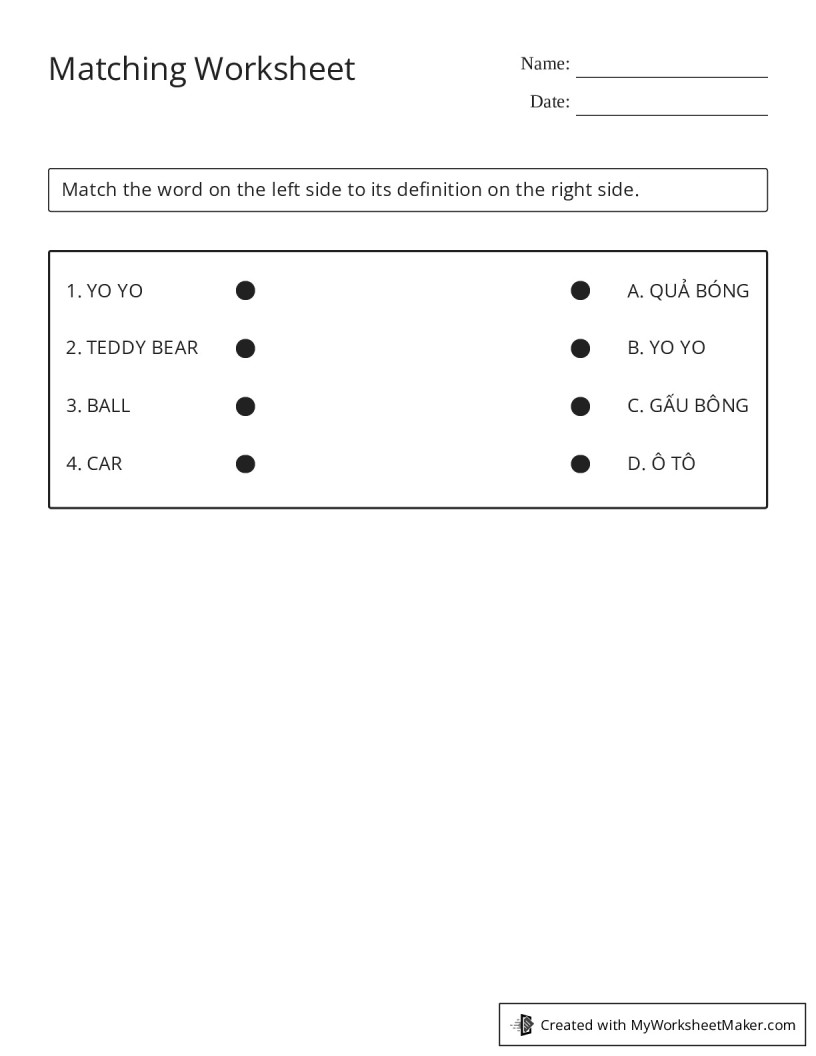 Matching Worksheet - My Worksheet Maker: Create Your Own Worksheets