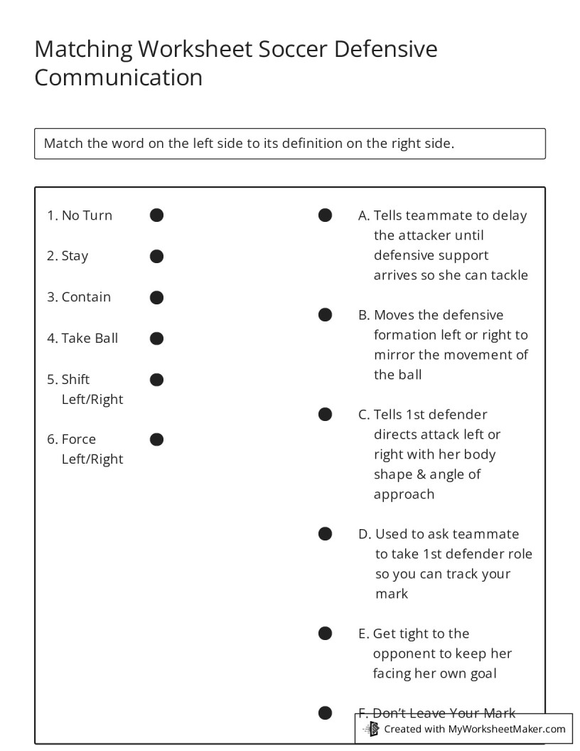 Matching Worksheet Soccer Defensive Communication - My Worksheet Maker ...