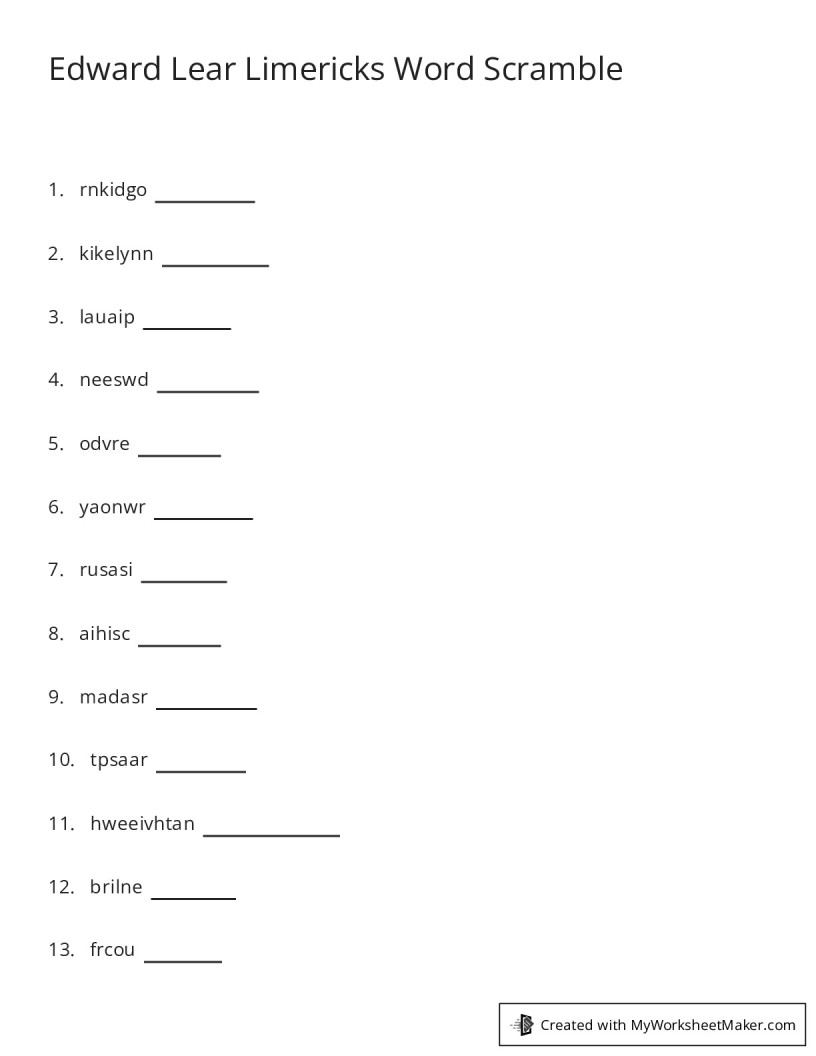 Edward Lear Limericks Word Scramble - My Worksheet Maker: Create Your ...