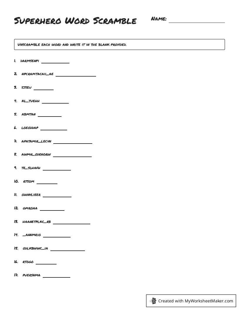 Superhero Word Scramble - My Worksheet Maker: Create Your Own Worksheets