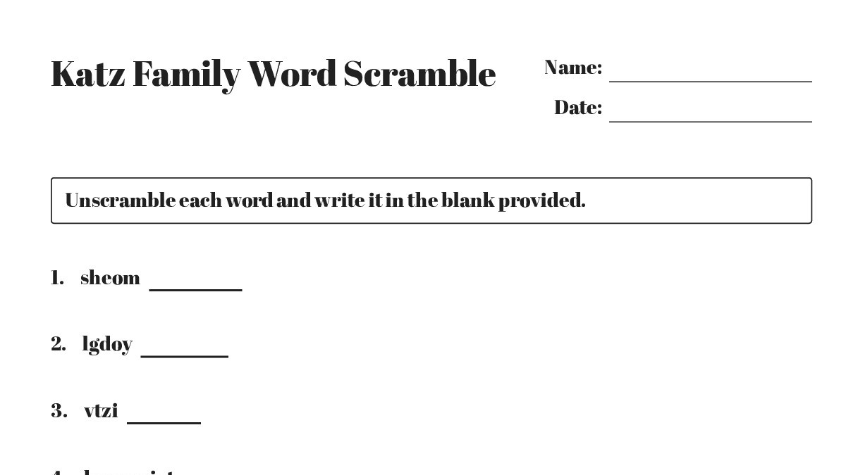Katz Family Word Scramble - My Worksheet Maker: Create Your Own Worksheets
