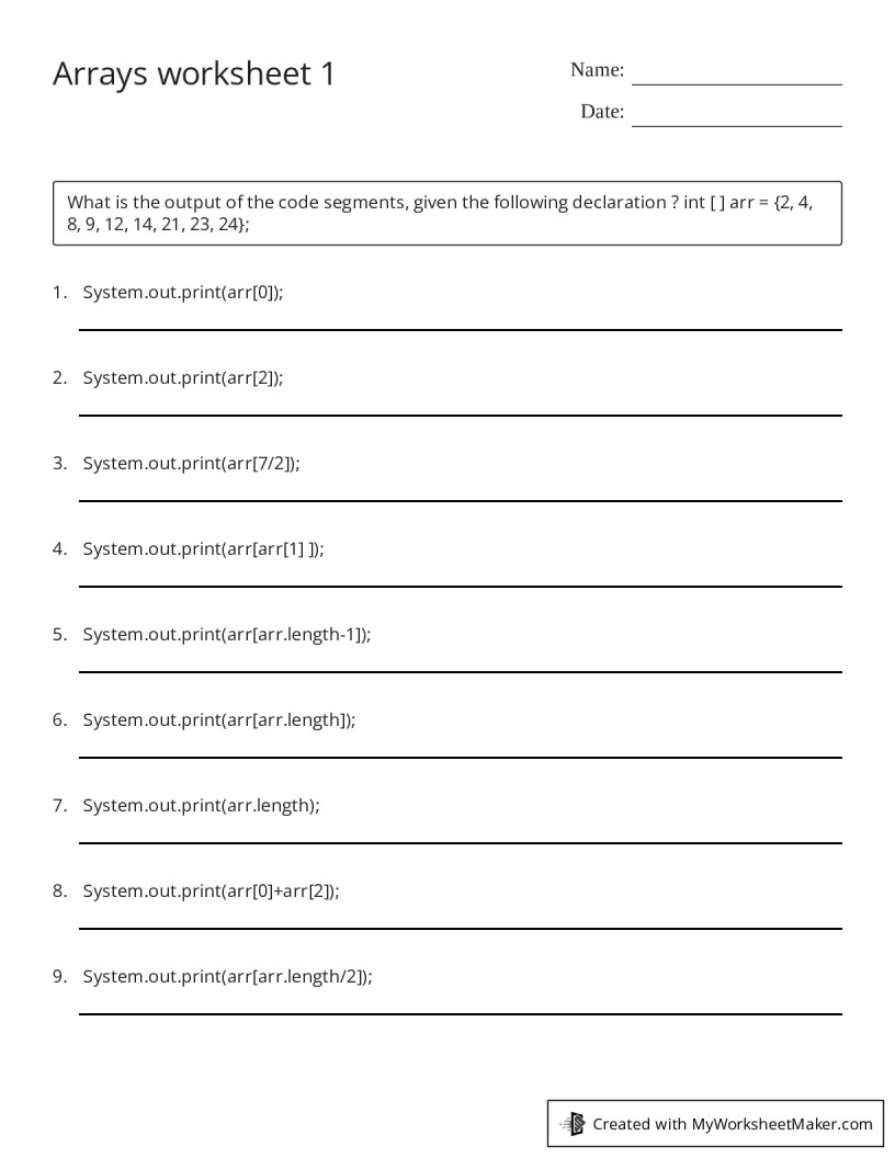 Arrays worksheet 1 - My Worksheet Maker: Create Your Own Worksheets