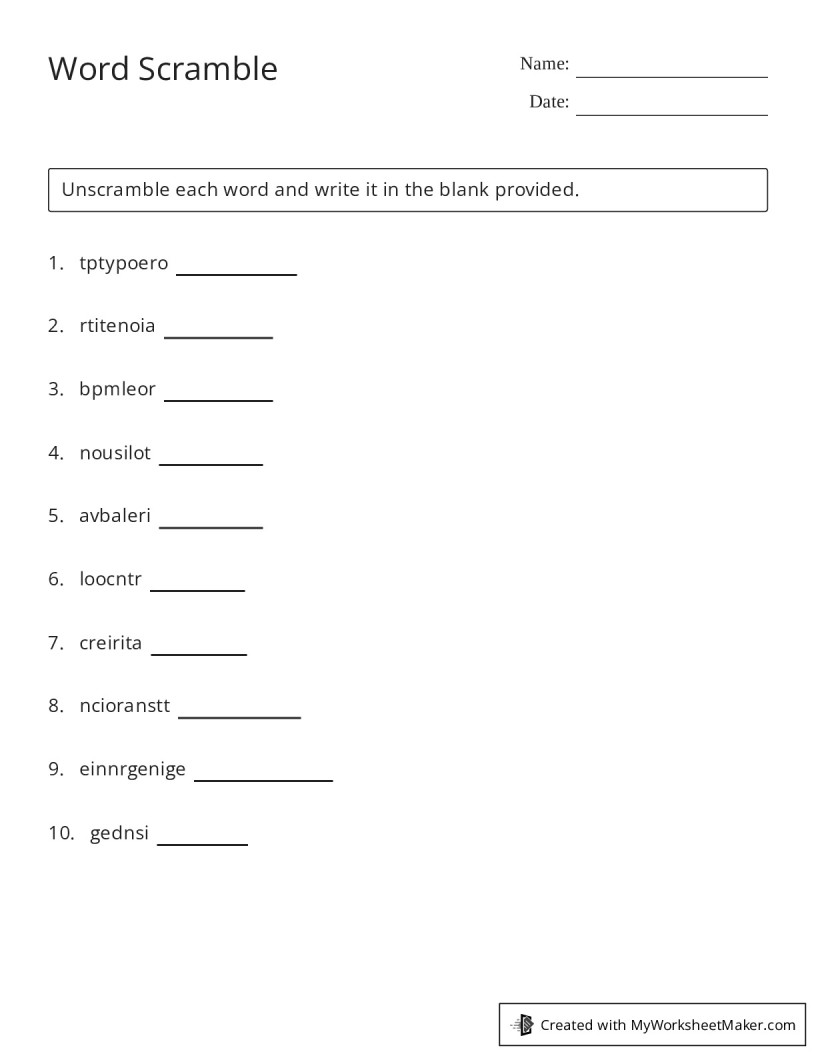 Word Scramble - My Worksheet Maker: Create Your Own Worksheets