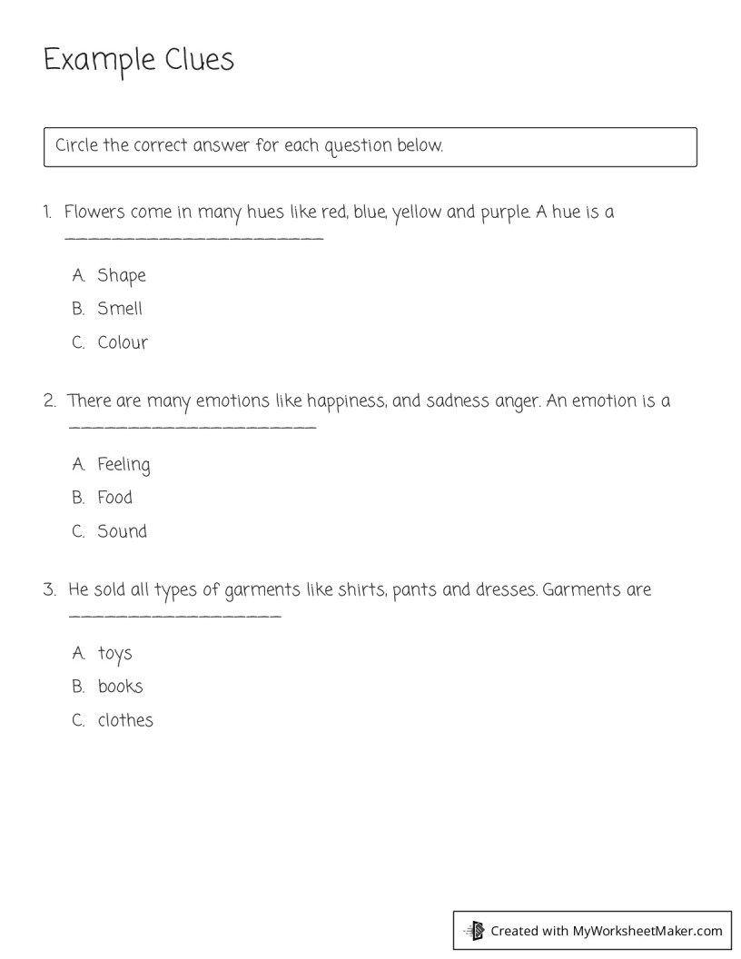 Example Clues - My Worksheet Maker: Create Your Own Worksheets