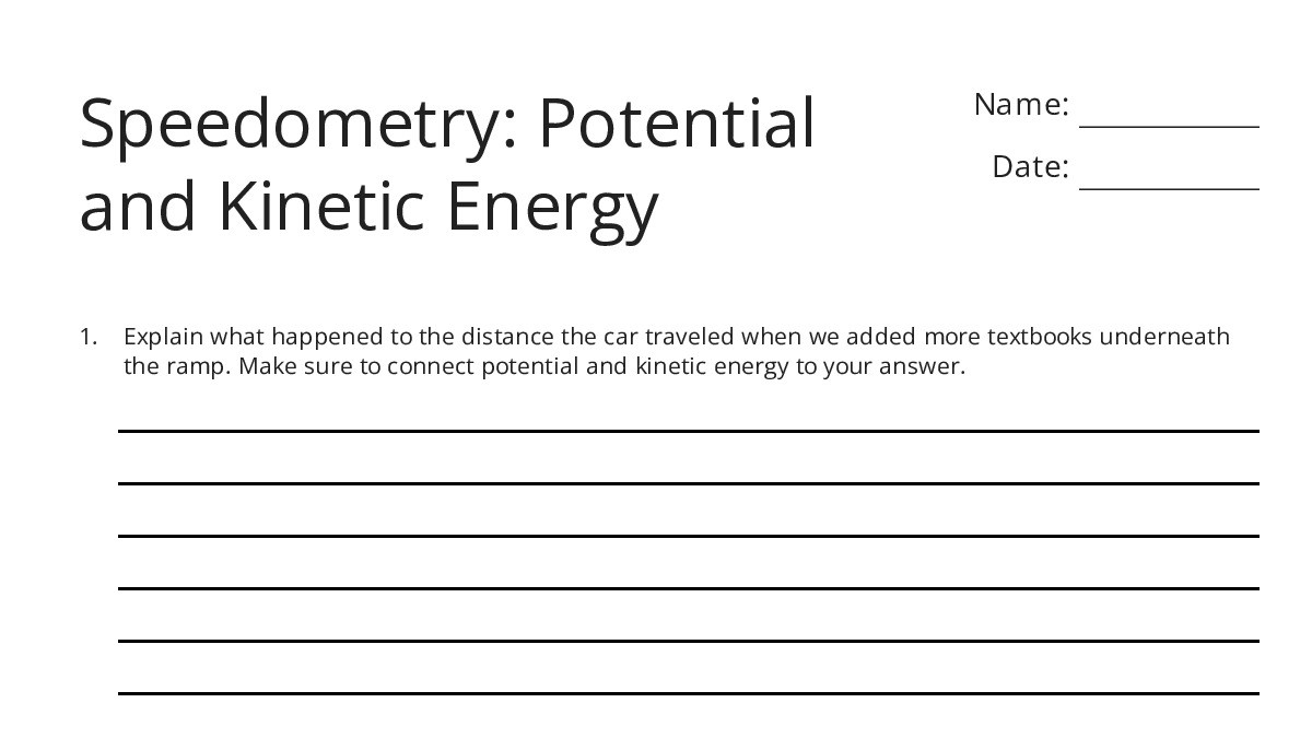 Speedometry: Potential and Kinetic Energy - My Worksheet Maker: Create ...