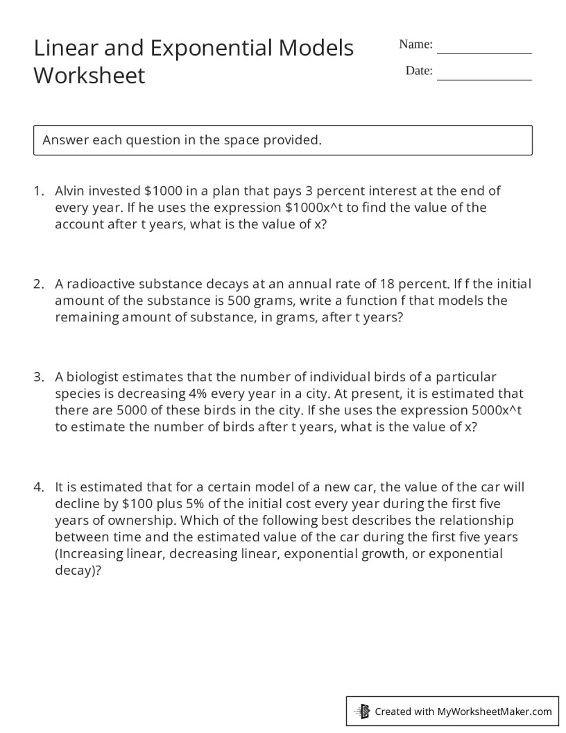 Linear and Exponential Models Worksheet - My Worksheet Maker: Create ...