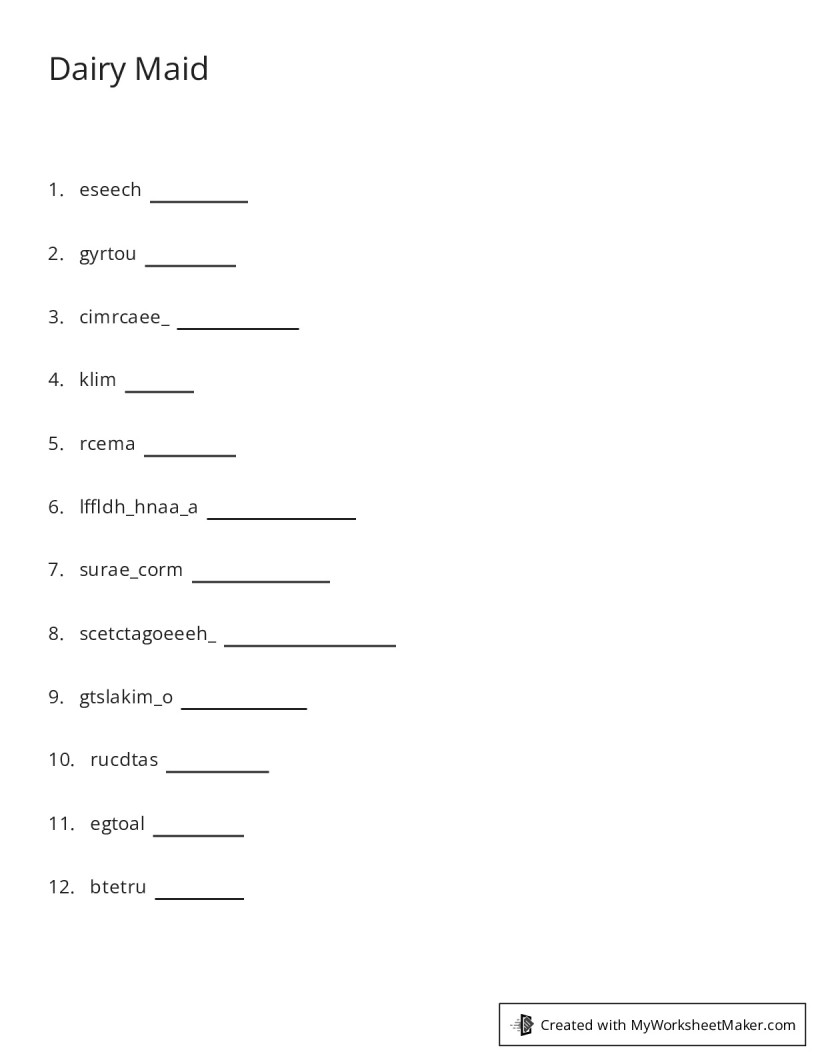 Dairy Maid - My Worksheet Maker: Create Your Own Worksheets