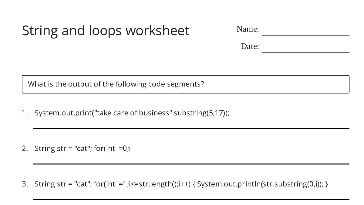 String and loops worksheet - My Worksheet Maker: Create Your Own Worksheets